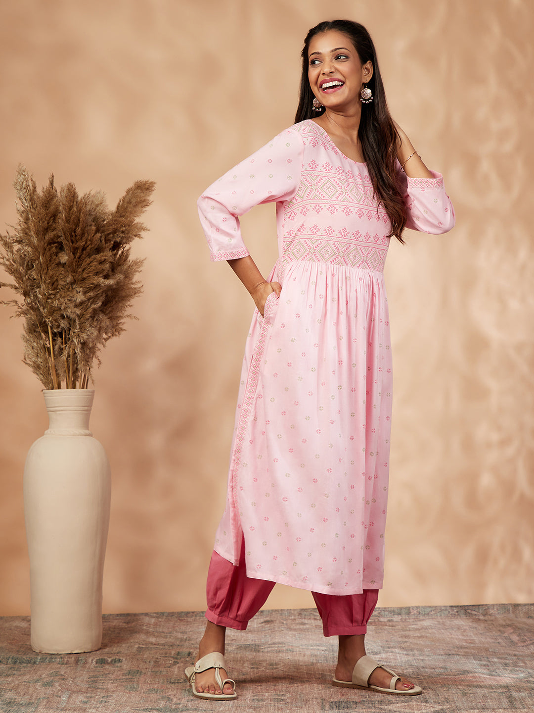 Light Pink Print Gathered Kurta – Imara