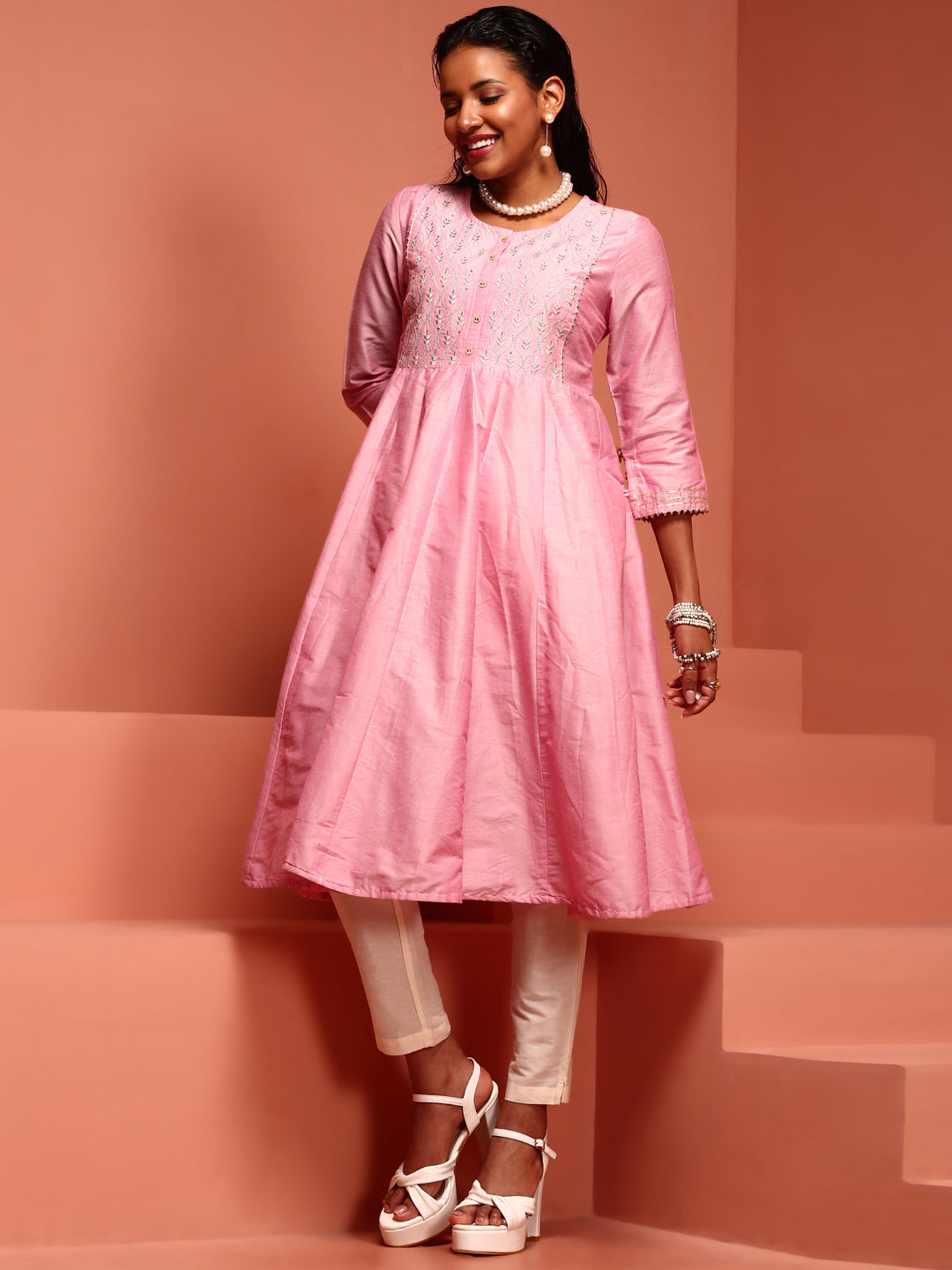 Light Pink Kalidar Embroidered Kurta Set – Imara