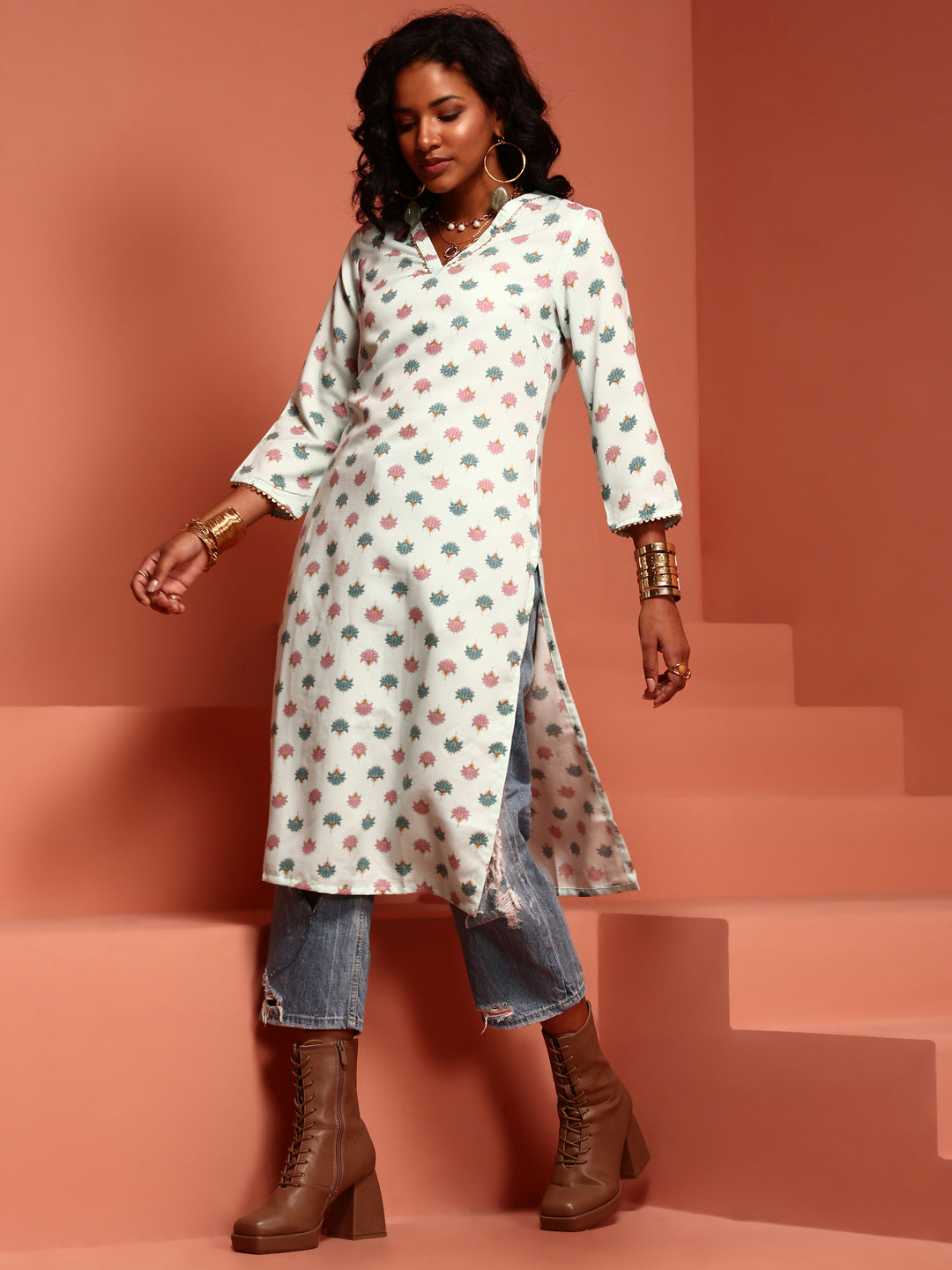 Light Blue Printed A-Line Kurta – Imara